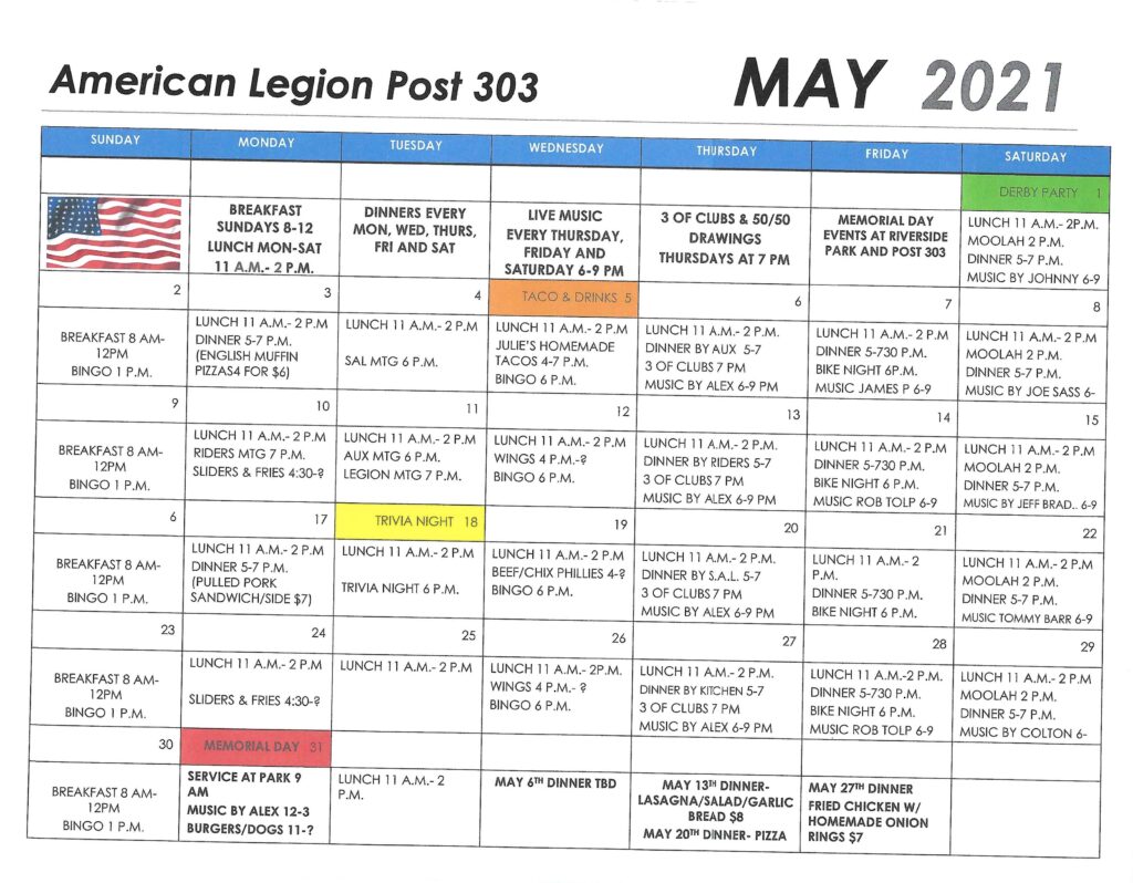 Post Events Calendar – American Legion Post 303